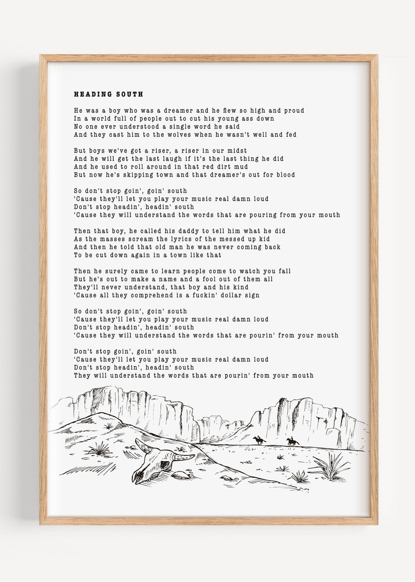 Heading South by Zach Bryan Art Print | Inspirational Lyrics for Your Home – Peardrop Prints